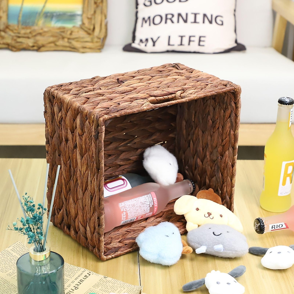 JJSQ Water Hyacinth Woven Basket for Storage Wicker Baskets for Organizing Shelves, Pantry, Small Rectangle Organizer Basket Decorative Basket, 1-Pack,11.4" x 9.8" x 6.9"