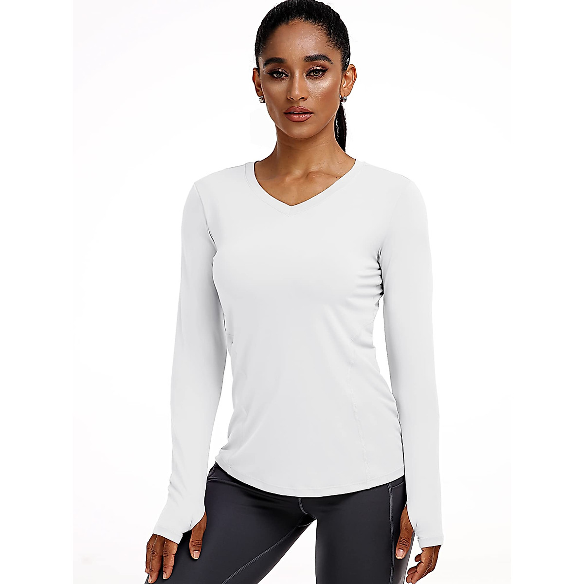 CADMUS Women's V-Neck Workout Shirts Long Sleeve Yoga Top Athletic Running T Shirt,Black, Grey, White,Medium