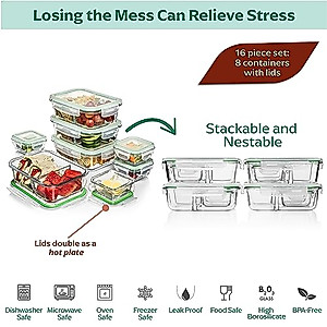 Fusion Gourmet Nestable Divided Glass Meal Prep Containers, 2 Compartment with Condiment container [4x 4 cup & 4x 1/2 cup] Airtight, Leak proof, Microwave Safe for Portion Control (Green)