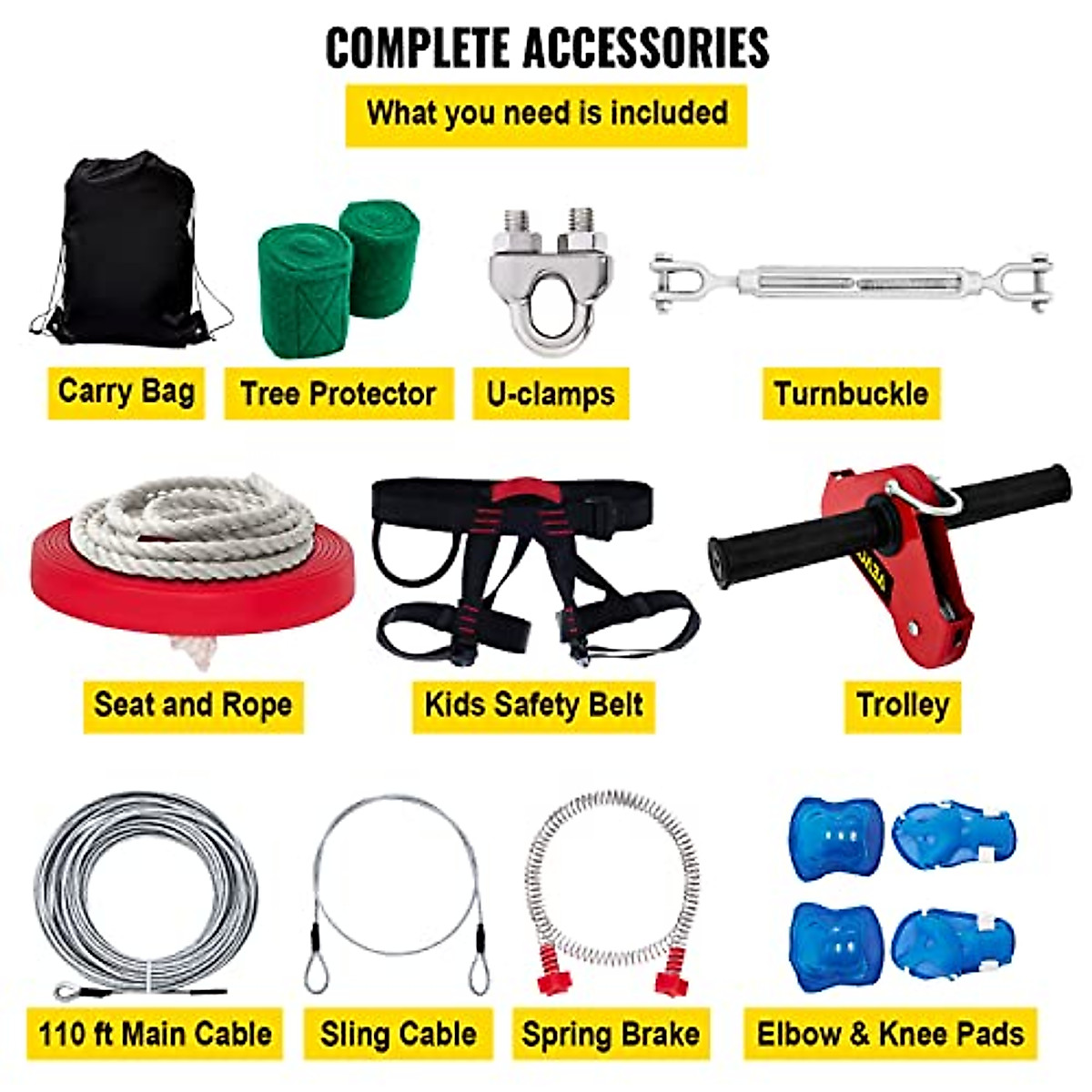 VEVOR Zip line Kits for Backyard 110FT, Zip Lines for Kid and Adult, Included Swing Seat, Zip Lines Brake, and Steel Trolley, Outdoor Playground Equipment Red