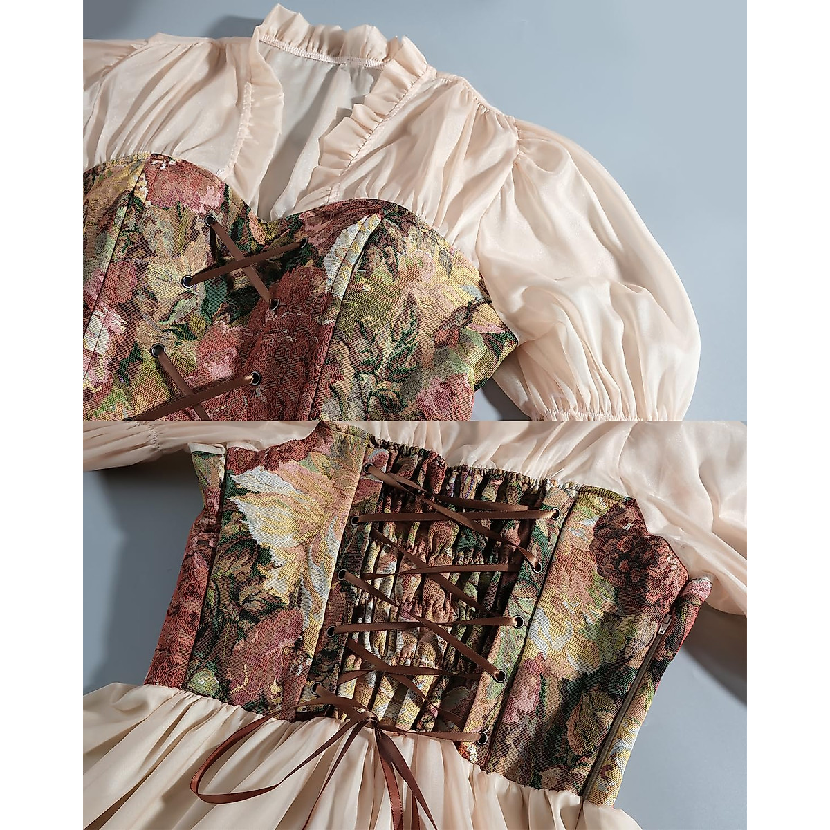 LTAKK Renaissance Dress Women Medieval Costume Victorian Ren Fair Dresses with Floral Corset, Beige, Large