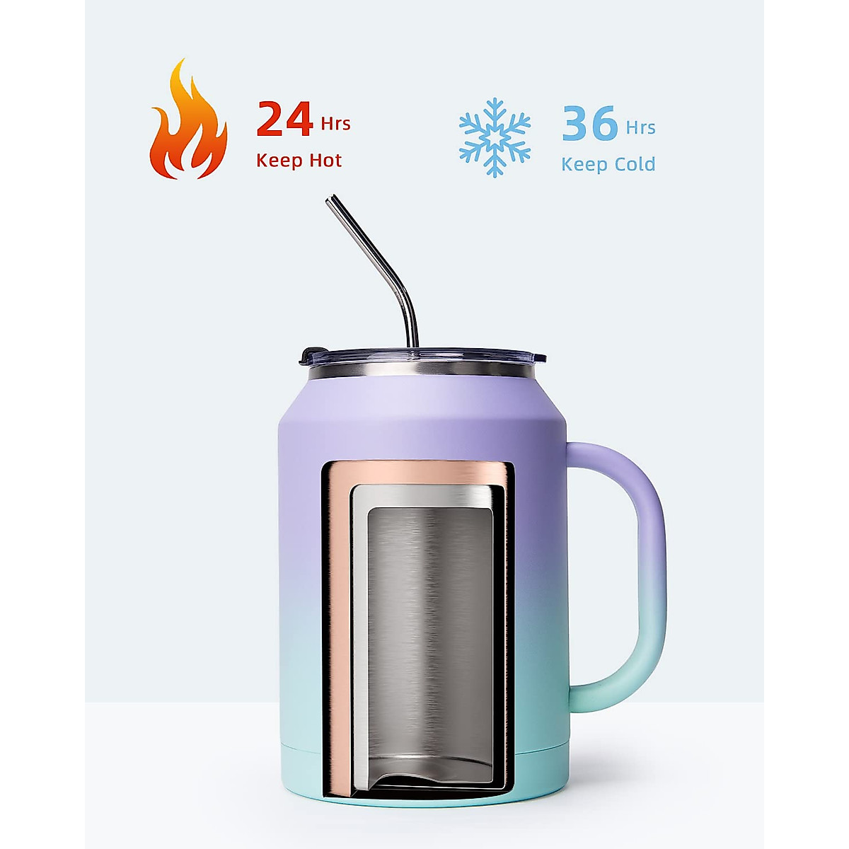 Trebo Water Bottle 64oz with Paracord Handle, Half Gallon Food-grade Double Wall Vacuum Stainless Steel Insulated Jug with Straw Spout Handle Lids,&Trebo 50 oz Mug Tumbler with Handle, Coffee Cup