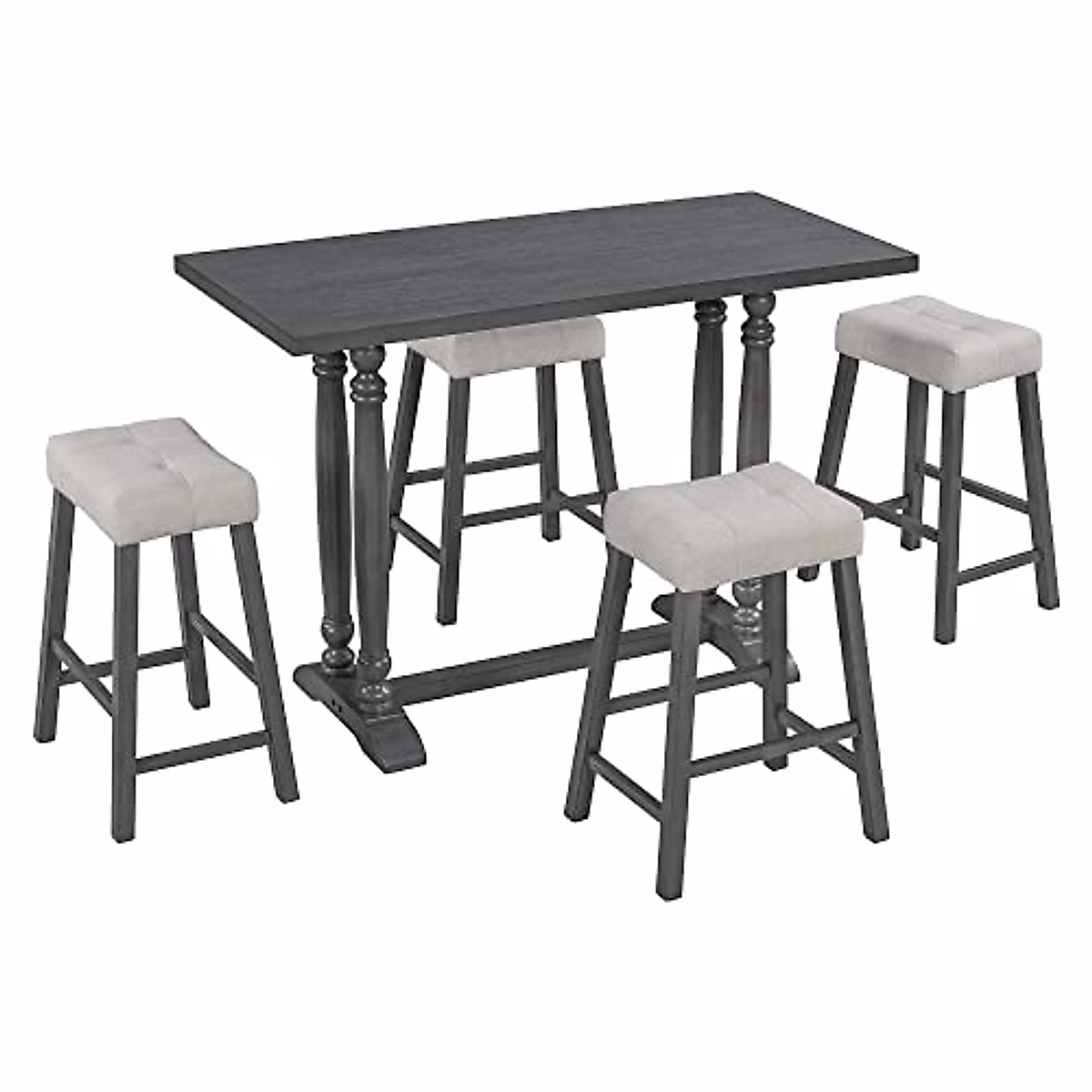 Hlcodca Modern 5-Piece Dining Table Set, Counter Height Dining Furniture with a Rustic Table and 4 Upholstered Stools for Kitchen, Dining Room (Gray@Y)