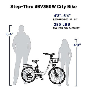 NARRAK Electric Bicycles, 350W Brushless Motor, 36V10Ah Removable Battery, Large M5 Display, 26" City e-Bike Step-Thru Frame, 20Mph Max Speed, Mountain e-Bike, for Adults (Black Color)