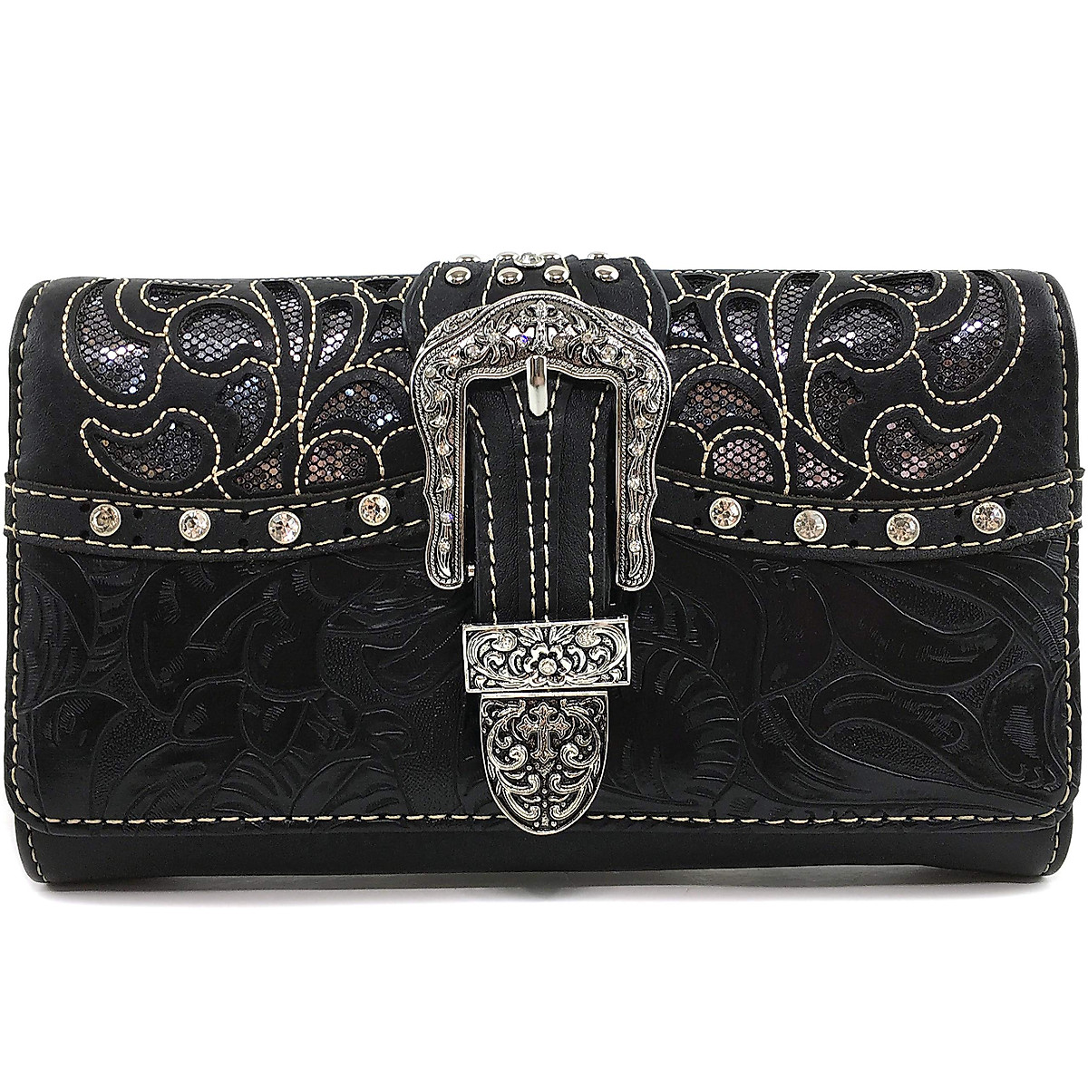 Justin West Western Brown Purse Tooled Laser Cut Floral Design Studs Rhinestone Buckle Concealed Carry Handbag With Trifold Wristlet Cross Body Strap Wallet Set (Black Tote)