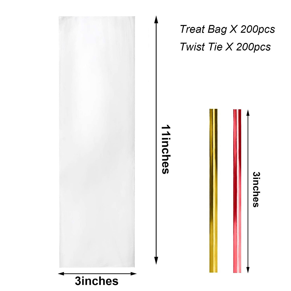 Morepack Cellophane Treat Bags,200 Pcs 3x11 Inches Clear Pretzel Bags,Cello Bags with Twist Ties for Packaging Candies,Cookies