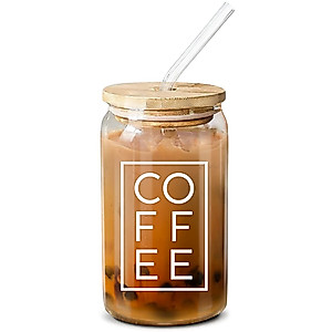 NewEleven Cute Glass Coffee Cups With Lids And Straw – Aesthetic Cups – Iced Coffee Cup, Coffee Tumbler, Glass Tumbler – Cute Gifts For Women, Coffee Lover - 16 Oz Coffee Glass