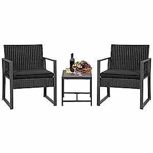 FDW 3 Piece Patio Furniture Sets Wicker Patio Chairs Rattan Outdoor Bistro Set Outdoor Furniture for Backyard Porch Poolside Lawn,Black Cushion