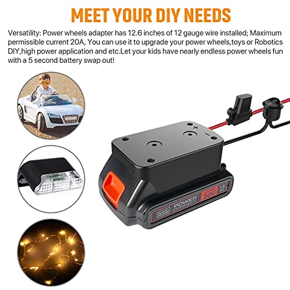 Power Wheel Adapter with Fuse&Switch,Secure Battery Adapter for Black+Decker 20V MAX Lithium Battery,with 12 Gauge Wire,Good Power Convertor for DIY Ride On Truck,Robotics,RC Toys and Work Lights