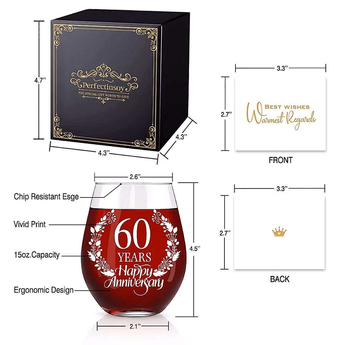 Perfectinsoy 60 Years Happy Anniversary Wine Glass with Gift Box, 60th Anniversary Wedding Gift For Mom, Dad, Wife, Soulmate, Couple, Funny Vintage Unique Personalized, 60 Years Gifts