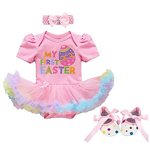 Newborn Baby Girls Cotton 3pcs/4pcs Set My 1st Easter Eggs Rabbit Bunny Romper Tutu Dress Outfits Short Sleeve Birthday Cake Smash Party Bodysuit Jumpsuit Playsuit Bowknot Leg Warmer Shoes Clothes