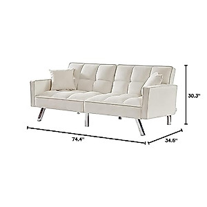 Ucloveria Mid-Century Modern Sofa Futon Couch/Loveseat/Sectional Sofa/Velvet Sofa Bed with Armrests and 2 Pillows for Living Room Bedroom, 74.4" W, White