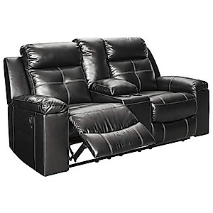 Signature Design by Ashley Kempten Faux Leather Manual Reclining Sofa with High Back, Center Console and Blue LED Lighting, Black