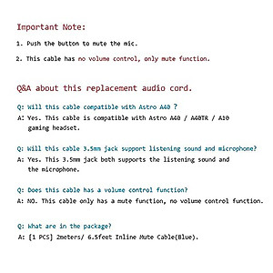 MQDITH Replacement Audio Cable Compatible with Astro A40 A40TR Gaming Headset, Inline Mute Wire and No Volume Control Cord(Blue)