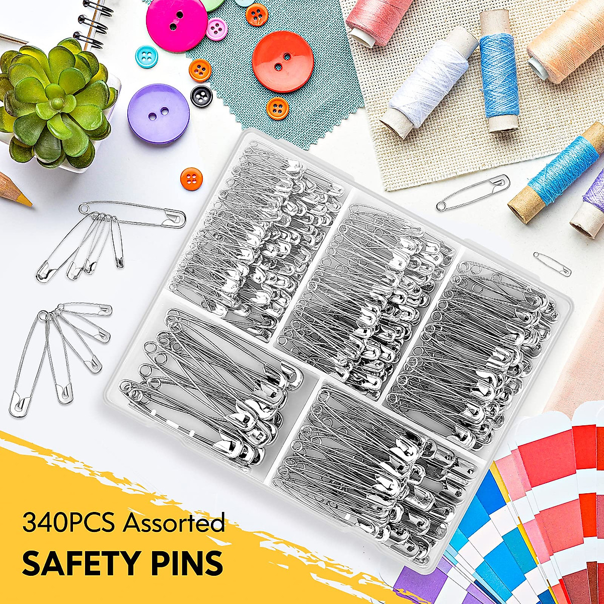 Safety Pins Assorted, 340 PCS Nickel Plated Steel large Safety Pins Heavy Duty, 5 Different Sizes Safety Pin, Safety Pins Bulk, Small Safety Pins for Pinning, Sewing, Jackets, Clothes, Crafts (Silver)