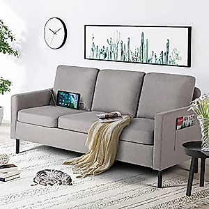 STHOUYN 72" W Sectional Sofa 3 Seat Couch, Mid Century Modern Sofa with 2 USB, Couches Sofas for Living Room Apartment Bedroom, Comfortable Small Couches for Small Spaces (Light Grey (3-Seater))