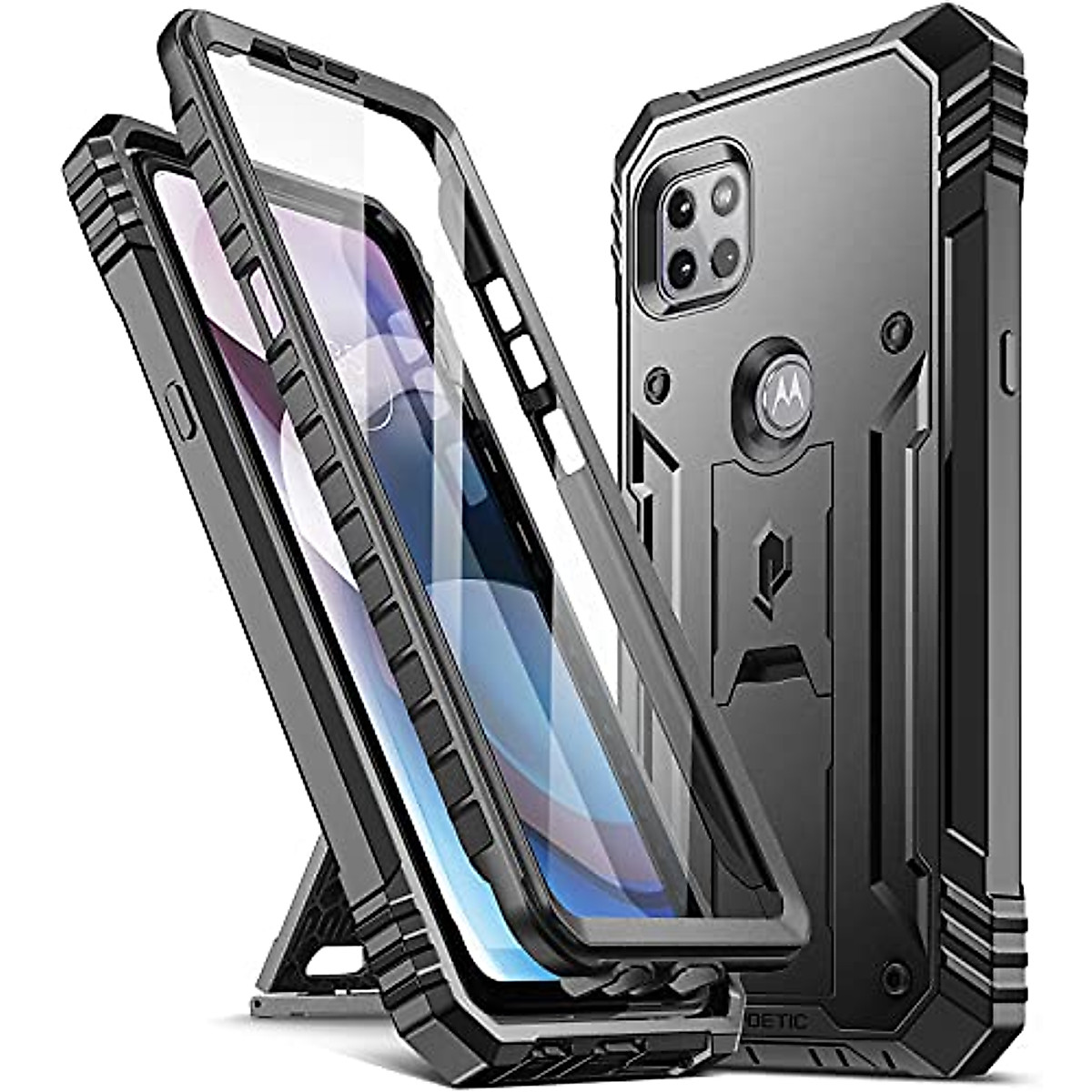Poetic Revolution Series Case for Motorola Moto One 5G Ace (2021), Full-Body Rugged Dual-Layer Shockproof Protective Cover with Kickstand and Built-in-Screen Protector, Black