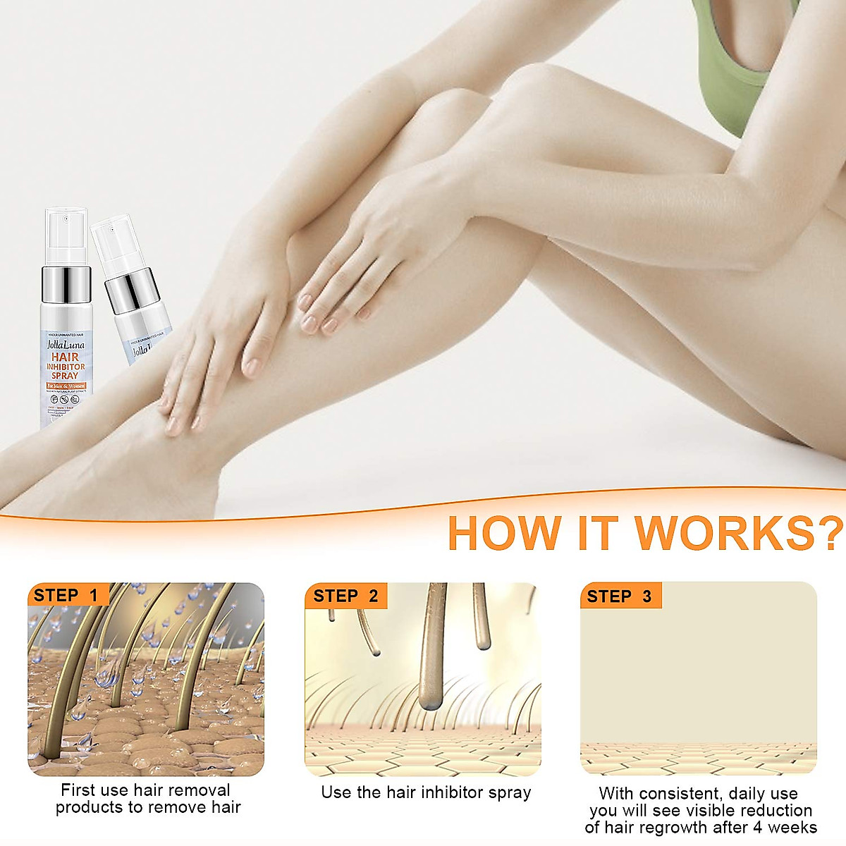 JollaLuna Hair Inhibitor, Hair Removal Spray, Hair Stop Growth Spray for Men and Women, Non-Irritating Painless Hair Removal for Face Arms Legs Chest Armpit, 30 mL (Aromatic)