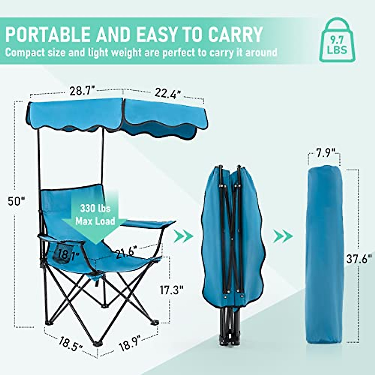rotinyard Folding Camping Chair with Canopy Shade for Adults, Portable Beach Chairs with Umbrella Support 330 lbs, Heavy Duty Lawn Chair with Cup Holder for Outdoor Fishing Picnic Garden Sports Patio