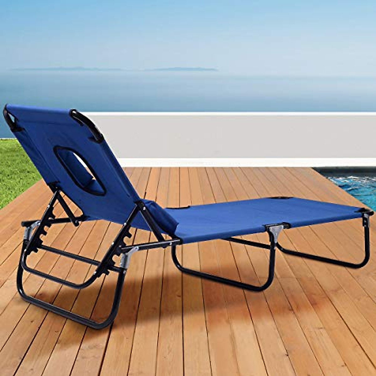 HOMGX Folding Chaise Lounge Chair, Outdoor Deck Chair with 15 to 80 Degrees Adjustable Backrest, Reclining Chair for Beach, Swimming Pool, Deck Chair with Tanning Face Down Hole, Sling Chair, Blue