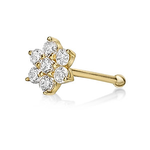 Lavari Jewelers 22 Gauge White Cubic Zirconia Straight Bone Flower Nose Ring in 14k Yellow Gold Straight Stud I 4.5mm Hypoallergenic Nostril Piercing Jewelry I CZ 22G Body Piercing