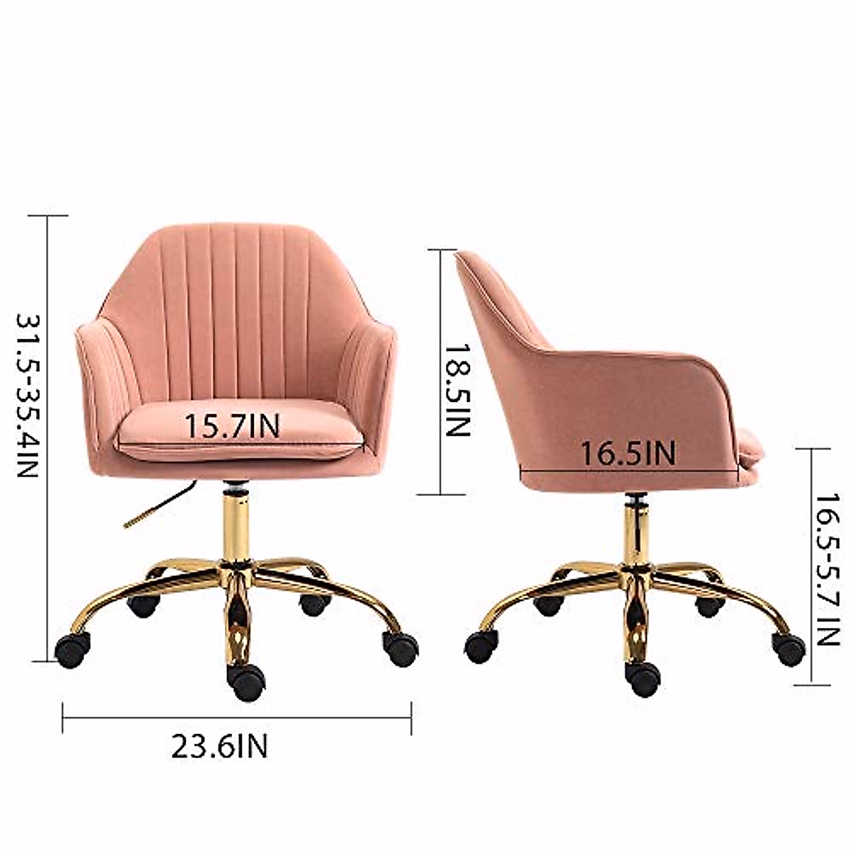 HOMHUM Desk Chairs with Wheels, Home Office Chair Mid-Back Velvet Office Chair Adjustable Cute Chair with Side Arms and Gold Metal Base for Living Room, Bedroom, Home Office, and Vanity Room (Pink)