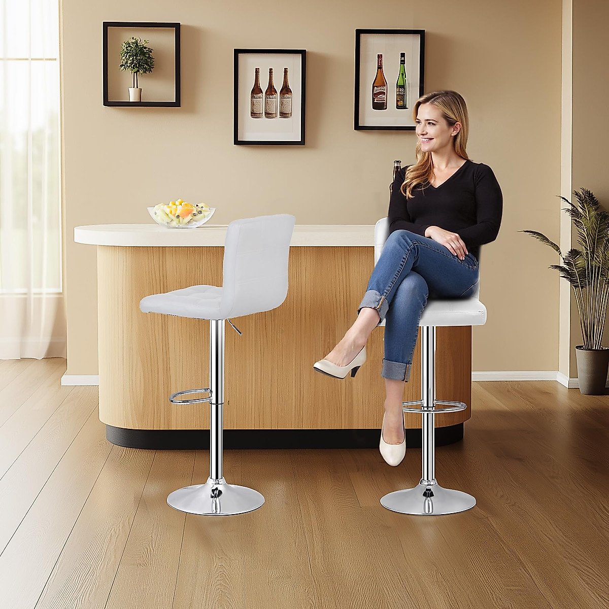 ZENY X-Large Bar Stools - Counter Chairs Adjustable Counter Height Swivel Barstools Set of 4, Square PU Leather Kitchen Counter Height Bar Stools, Kitchen Island Chairs,White