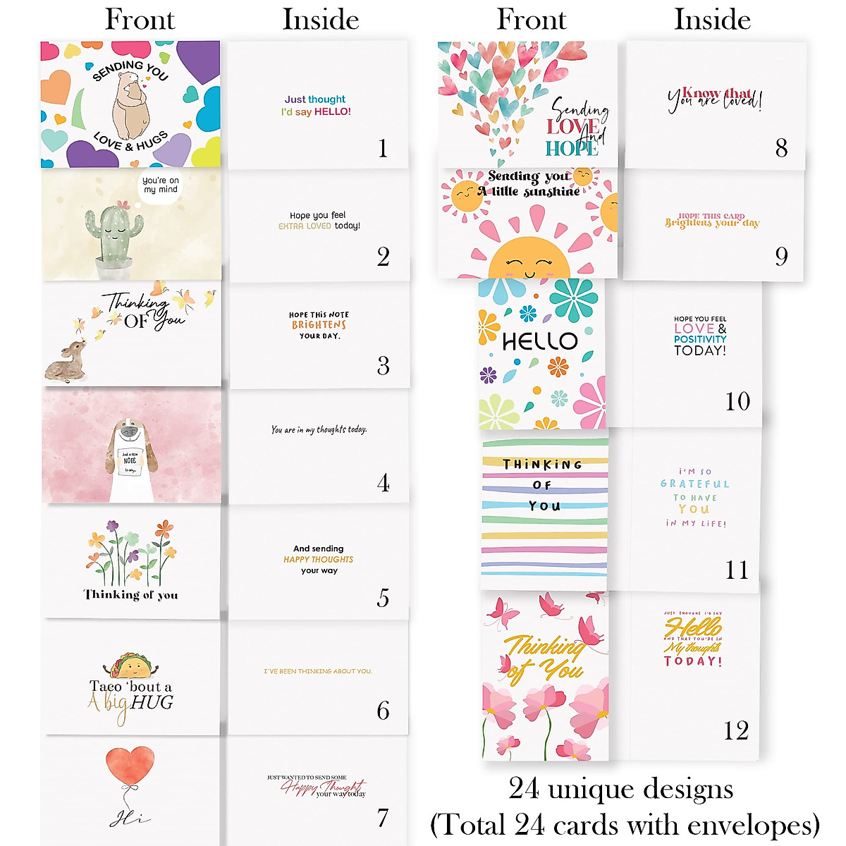 Thinking of You Cards with Envelopes - 24 Thinking of You Greeting Cards with Unique Designs and Inspiring Words - The Perfect Encouragement Cards to Send to a Close Friend, Relative or Loved One (24)