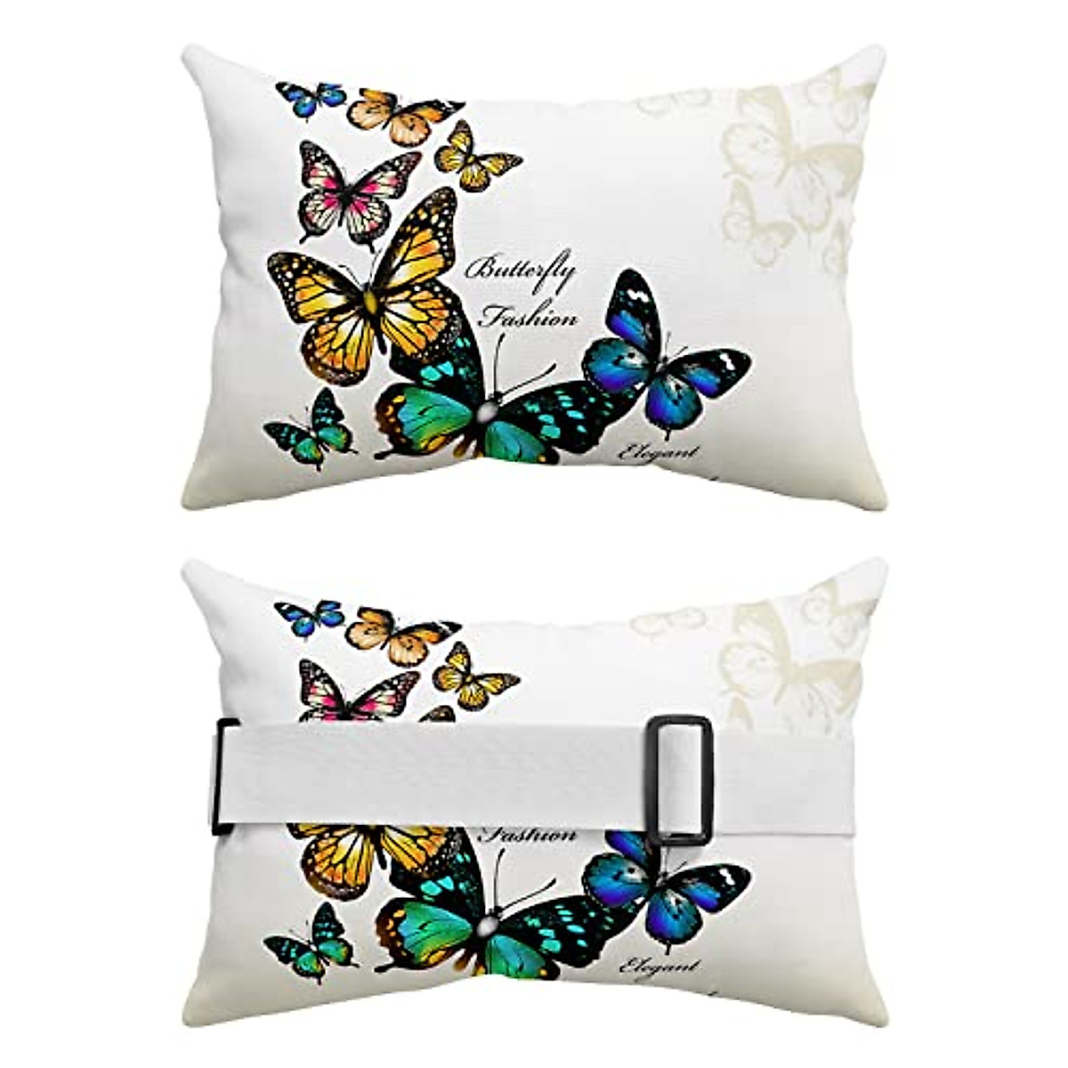 Recliner Head Pillow Ledge Loungers Chair Pillows with Insert Colorful Butterfly Retro Animals Lumbar Pillow with Adjustable Strap Outdoor Waterproof Patio Pillows for Beach Pool Chair, 2 PCS