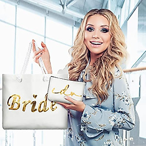 2 Pieces Gold Sequin Bride Tote Bag Canvas Beach Bag Bridal Shower Party Bags Large Wedding Clutch Bag with I Do Makeup Pouch for Engagement Bachelorette Wedding Honeymoon
