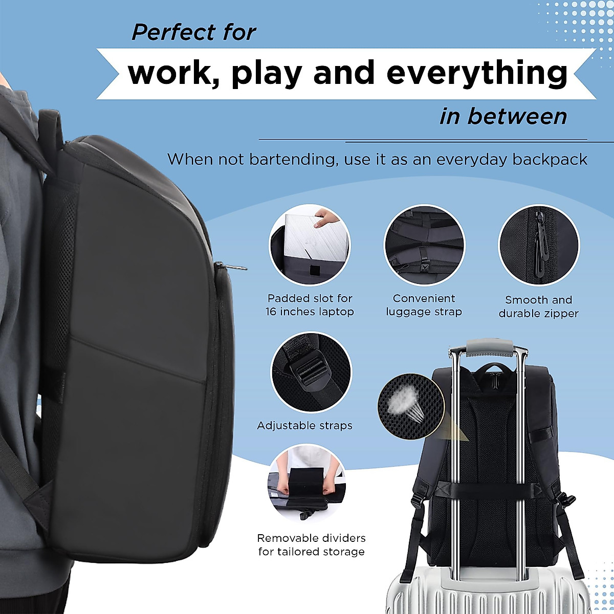 TEAVAS Large Bartender Bag- 16 Inch Portable Bar Bag Backpack, Travel Laptop Backpack, Portable Bartending Kit, Bartender Travel Bag for Carrying Accessories (BAG ONLY)