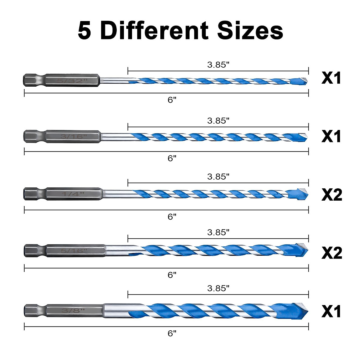 UBESTHS Concrete Drill Bit Set 7 Pcs, Masonry Drill Bit Set 5/32"-3/8", Shockproof Hex Shank Drill Bit Set, Industrial Carbide Drill Bits for Class/Brick/Plastic/Cement/Tile