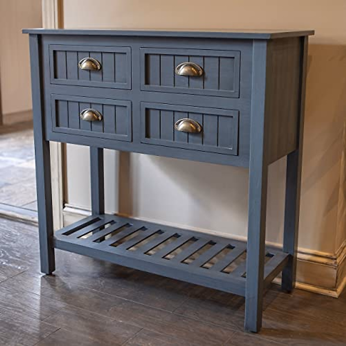Decor Therapy Bailey Bead Board 4-Drawer Console Table, Antique Navy