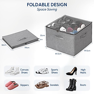 WELTRXE 2 Pack Shoe Organizer for Closet, Fits up to 32 Pairs, Small Space Shoe Storage Boxes Bins Containers w/Adjustable Dividers, Space Saving Shoes Holder W/Reinforced Handles, Gray