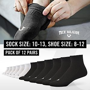 True Religion Mens Socks Ankle Socks for Men Quarter Premium Athletic Men's Socks 12 Pairs Black/White, Shoe Size 8-12,