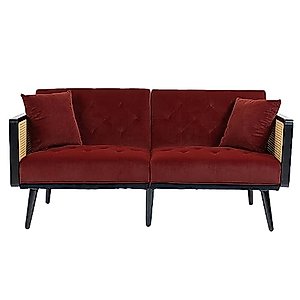 Velvet 2 in 1 Futon Sofa Bed,61" Adjustable Couch Sleeper,Modern Upholstered Loveseat with 2 Pillows,Convertible Folding Fabric Small Love Seat for Living Room Apartment Small Space (Red)
