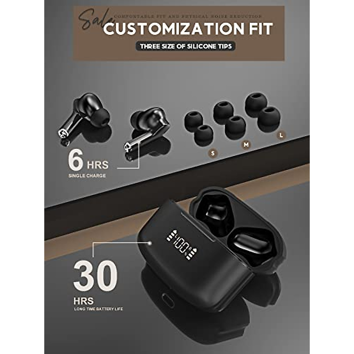 Wireless Earbuds, ANC+ENC Bluetooth 5.3 Headphones LED Power Display Earphones Wireless Charging Case 30Hrs Playback IPX6 Waterproof in-Ear Headsets with Mic for TV Smart Phone Computer Laptop Sports