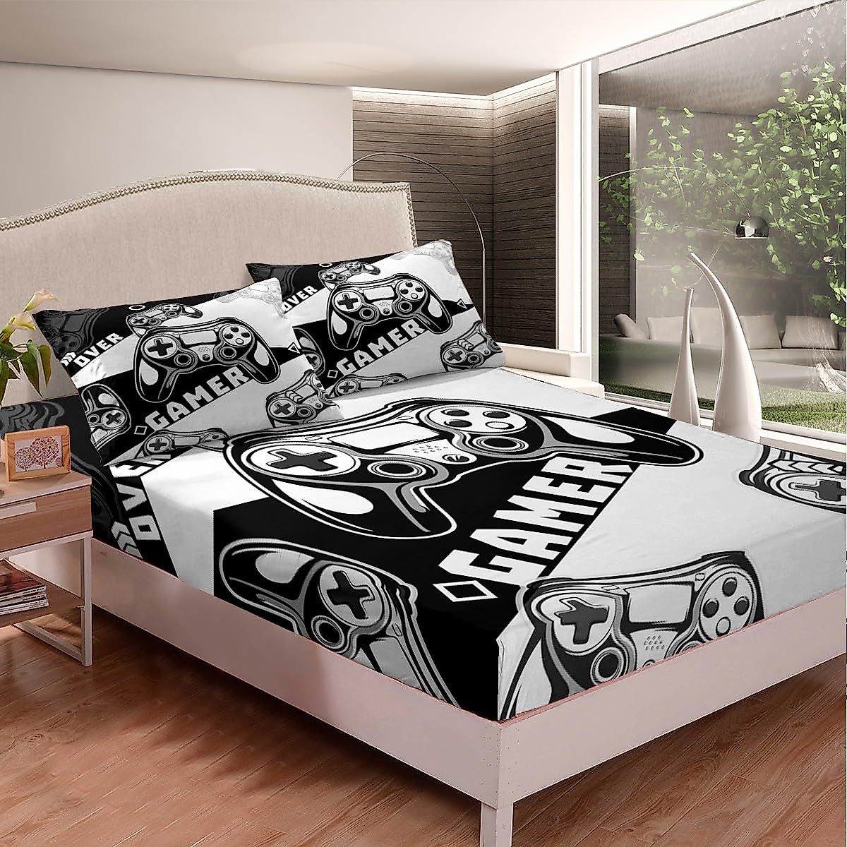 Erosebridal Gamer Fitted Sheet for Boys Girls Kids Teens,Video Game Bedding Set Twin Size,Gaming Bed Sheets Gamer Room Decor,White Black Gamepad Controller Bed Set with 1 Pillowcase