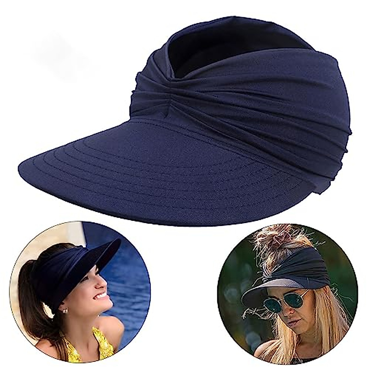 Sun Hat Women Beach Visor Cap UV Protection with Wide Brim Packable Summer Sport Ponytail Sun Cap Navy Blue