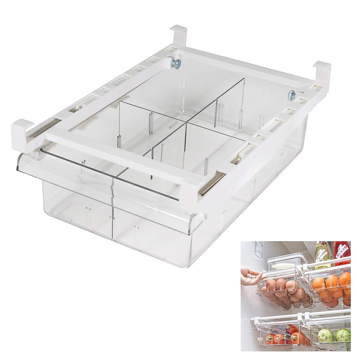 YekouMax Fridge Drawer Organizer, Refrigerator Organizer Bins, Pull Out with Handle, Fridge Shelf Holder Storage Box, Clear Container for Food,Drinks,Fit for Fridge Shelf Under 0.6" (1 Pack Medium)