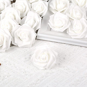 IPOPU 100 Pcs Artificial Rose Flower Heads Real Looking White Foam Fake Roses for DIY Wedding Baby Shower Centerpieces Arrangements Party Tables Home Decorations (White 1, Stemless)