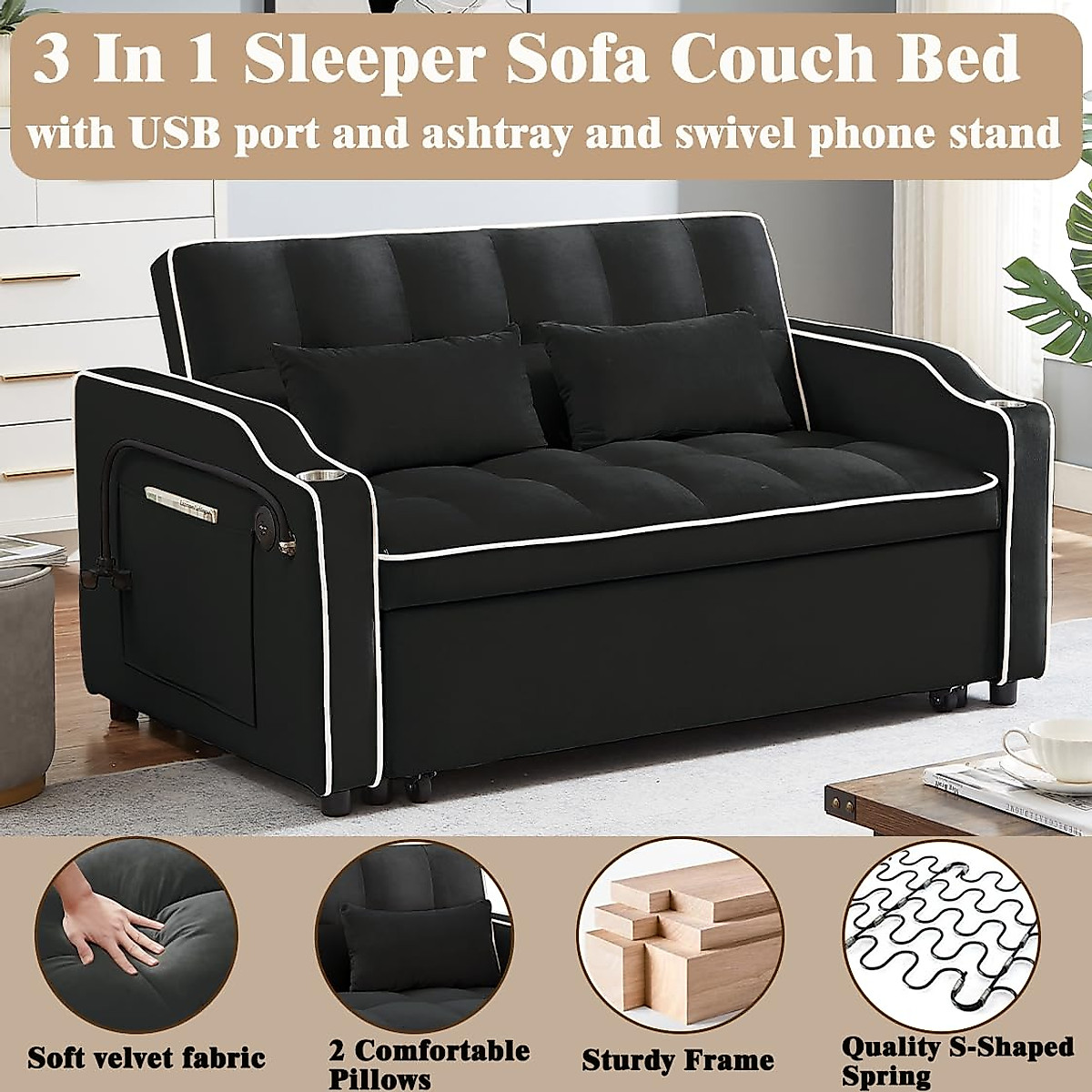 Convertible Sleeper Sofa Bed with USB Ports,Pull Out Sofa Bed with Swivel Phone Holder,Modern Velvet Loveseat Futon Couch with with Cup Holders,Small Love Seat Lounge Sofa Bed for Small Space(Black)