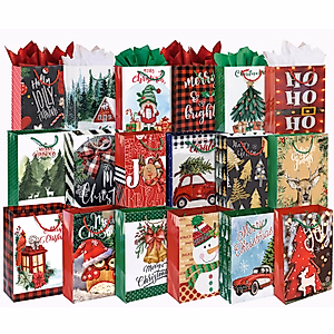 24 Large Christmas Gift Bags Bulk With Handles, 26 Tissue Paper and 60 Count Christmas Gift Tags Set-24 Assorted Designs Big Size Sacks Set For Wrapping Xmas Holiday Presents