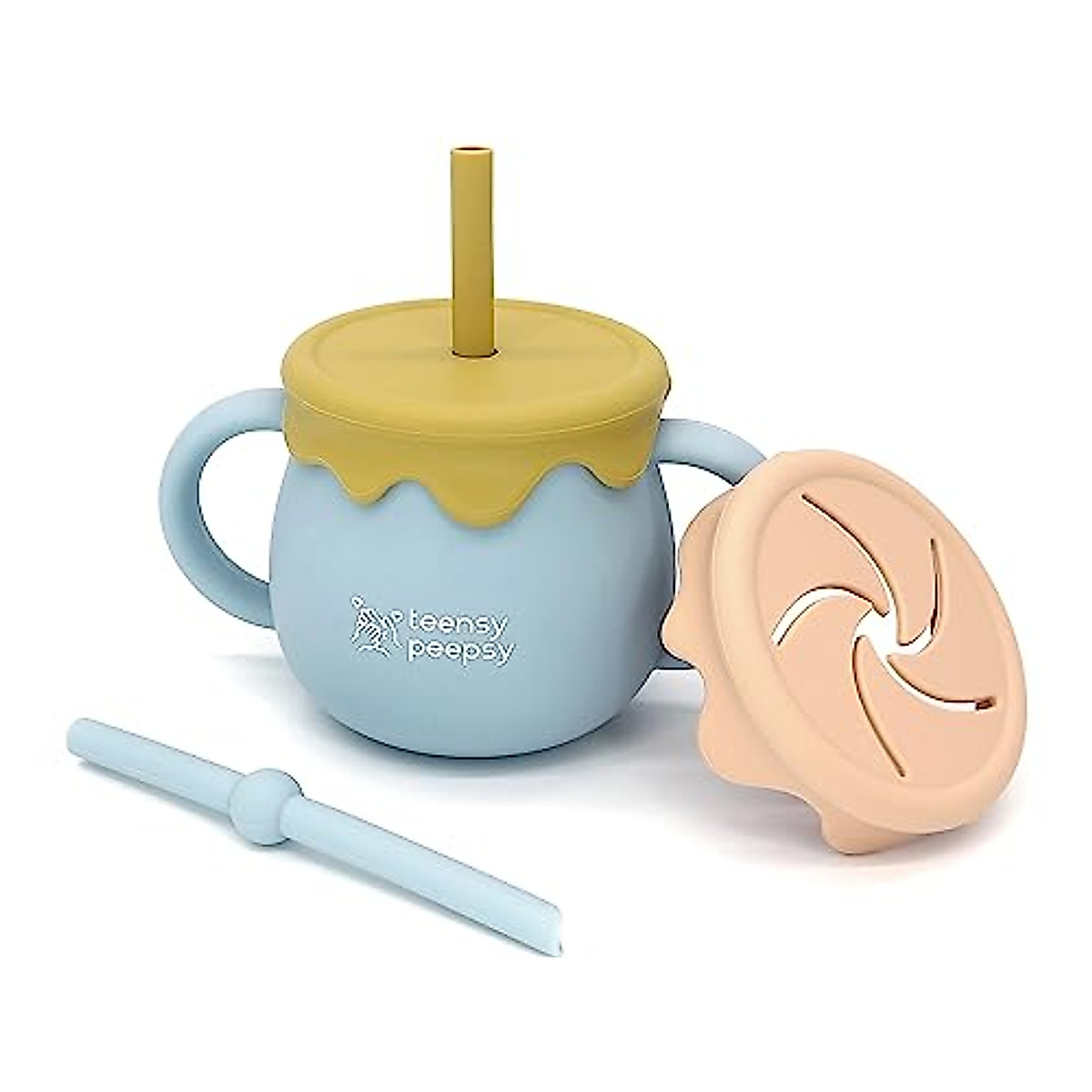 teensy peepsy Honeypot 100% Silicone Baby Training Cup, 2-in-1 Toddler Sippy Cup with Straw & Snack Cup Lid, 8.5 oz Drinking Cup for Babies 6 Months+, Toddler Smoothie Cup (Honey Jar Blue)