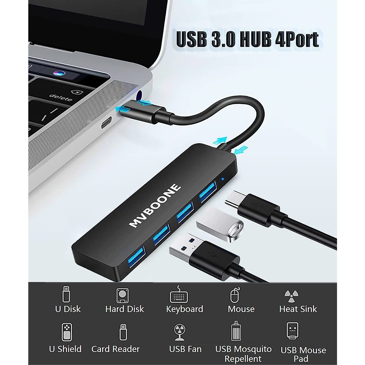 USB C Hub, 4-Port USB 3.0 Hub 5Gbps High Speed Data Transfer, USB Splitter USB Expander for Laptop, Xbox, Flash Drive, HDD, Console, Printer, Camera, Keyborad, Mouse