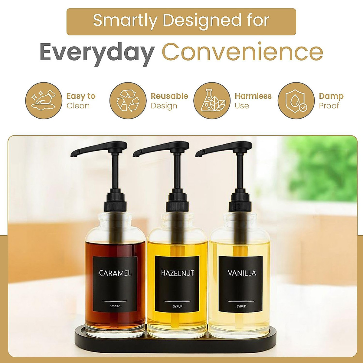 Black Coffee Syrup Pump (Fits Torani, DaVinci, Starbucks, Top Creamery, Allegro Syrups) Great for adding syrup to Coffee,Tea, Soda, and cocktails, - Fits 25.4 oz/750ml bottles - Pack of 4