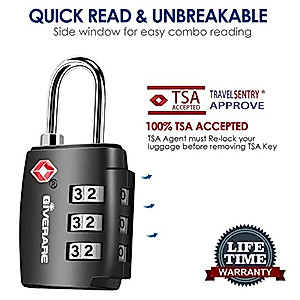 2 Pack TSA Approved Travel Luggage Locks, Combination Lock Alloy Body, Keyless 3-Digit Padlocks, Travel Sentry Accepted Compatible Padlock for Gym Locker, Golf Bag Case, Backpack, Black-by GIVERARE