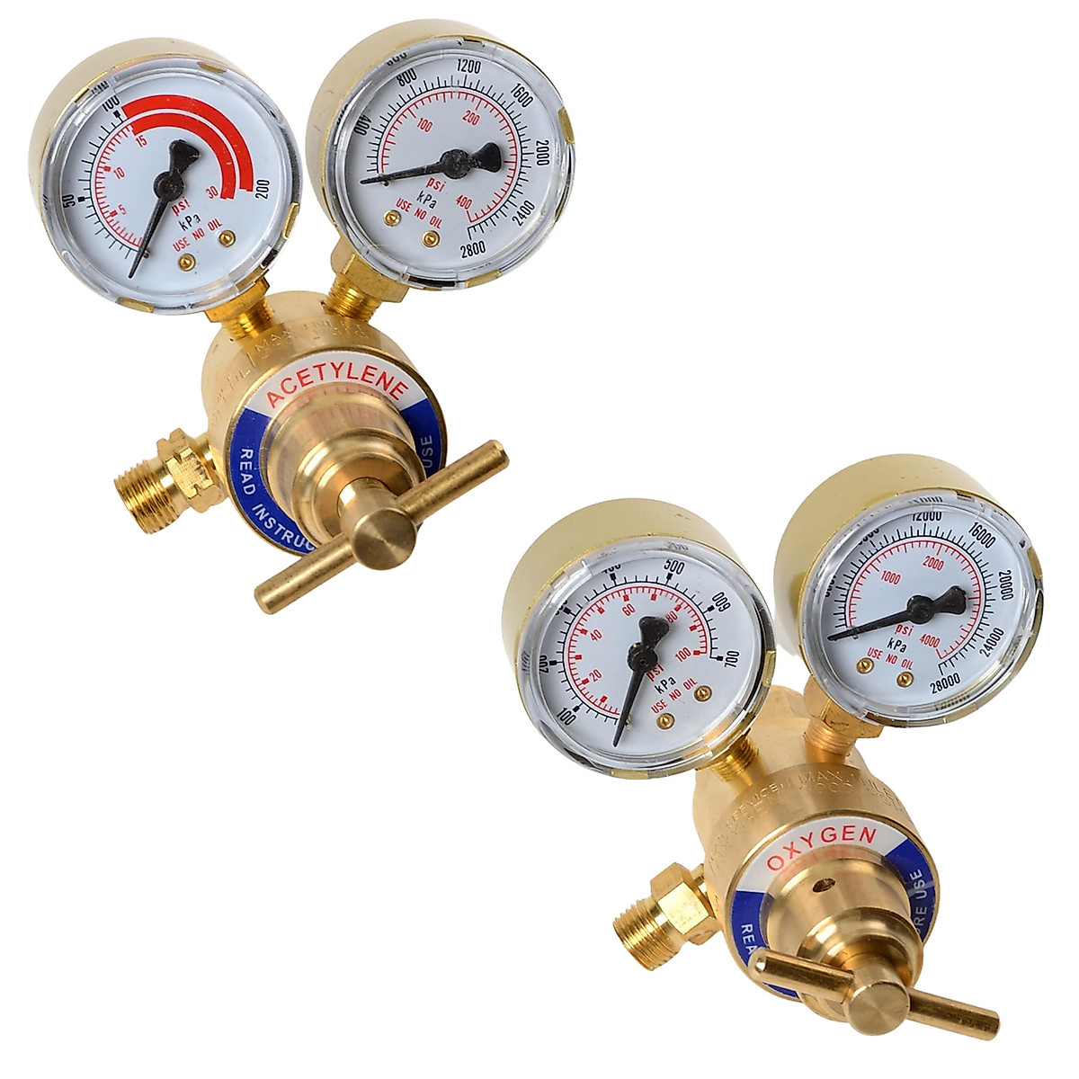 ATE Pro. USA -Dual Gauge Acetylene Brass Regulator and Dual Gauge Oxygen Brass Regulator Combo, Gauges for Victor Gas Torch Cutting Welder Kit