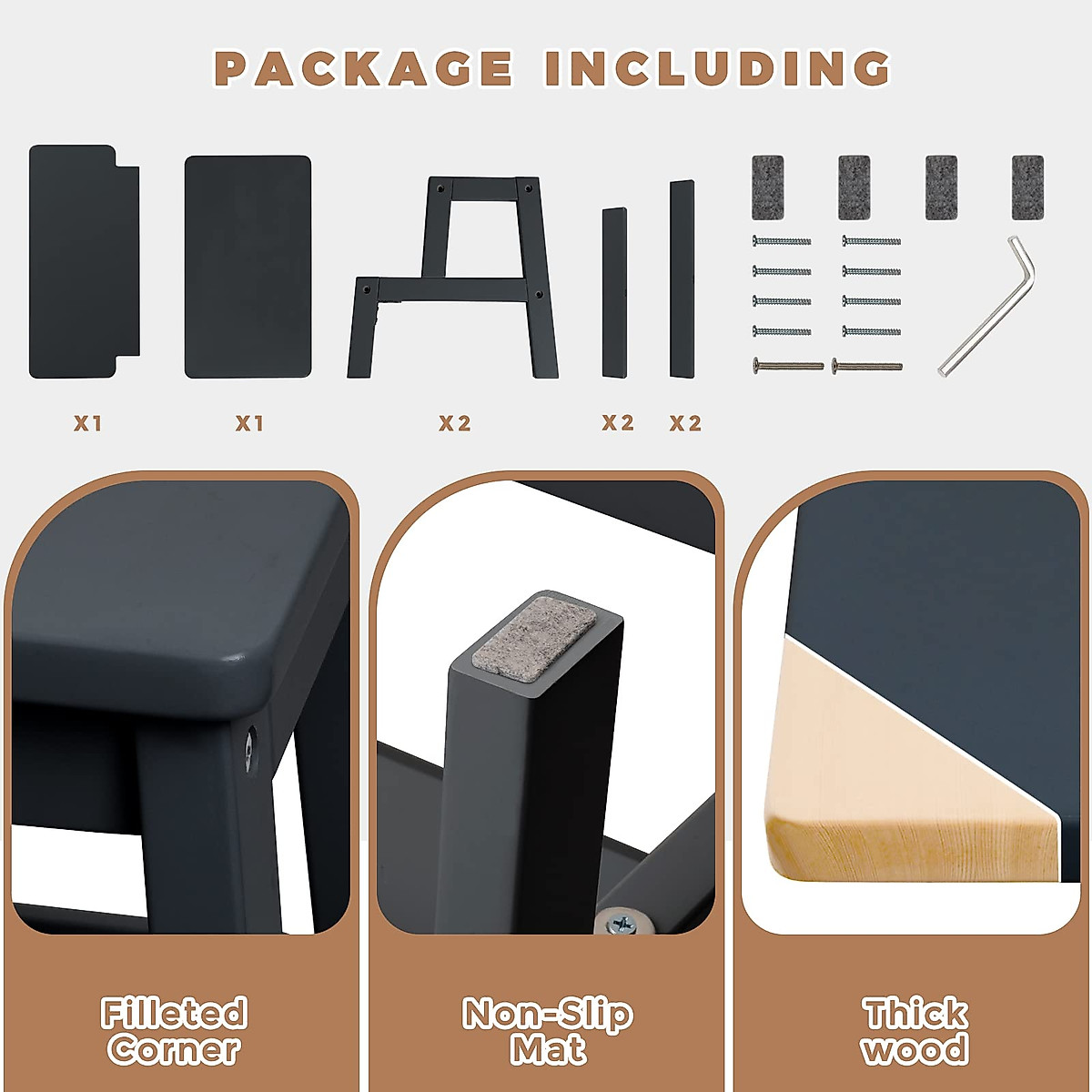 HOUCHICS Wooden Step Stool for Adults Kids, Solid Wood Bed Step Stool, Multi-Purpose 2-Step Stool for Kitchen, Bed, Bathroom with 260lb Load Capacity Black