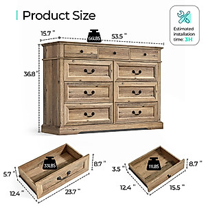 LINSY HOME Farmhouse 9 Drawers Dresser for Bedroom, Wood Bedroom Dresser Farmhouse Drawer Chest, 9 Chest of Drawer, Tall Dresser for Closet, Dressers Organizer for Living Room, Closet, Hallway, Brown
